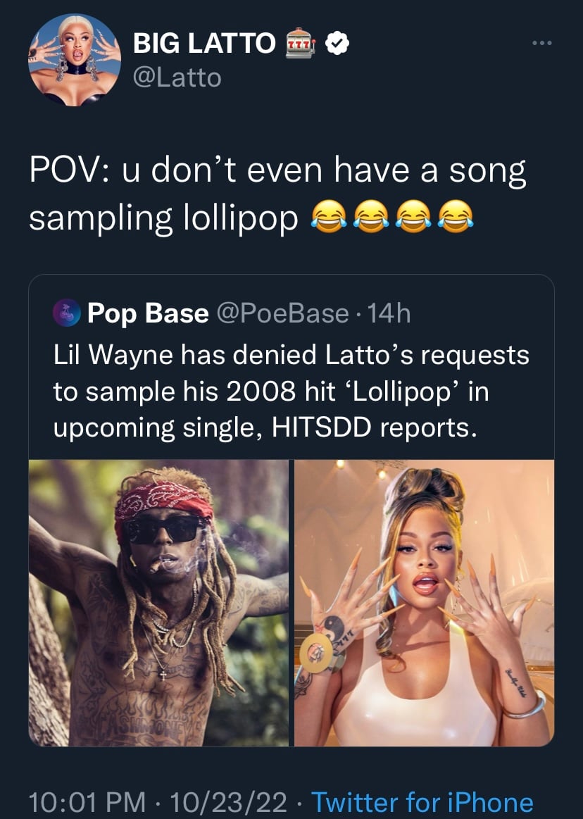 Latto Addresses Rumors Lil Wayne Denied Her “Lollipop” Sample Request ...